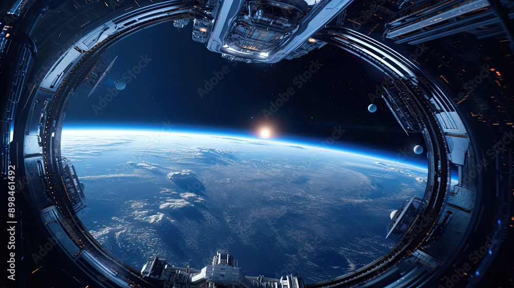 spaceship on orbit of planet Earth. View from station. Blue planets in ...