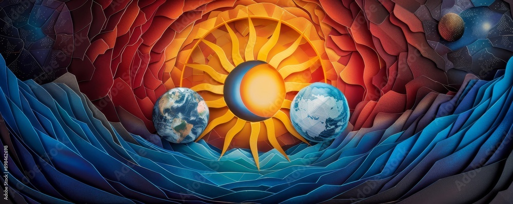 Vibrant illustration of the sun and earth, depicting the cosmic ...