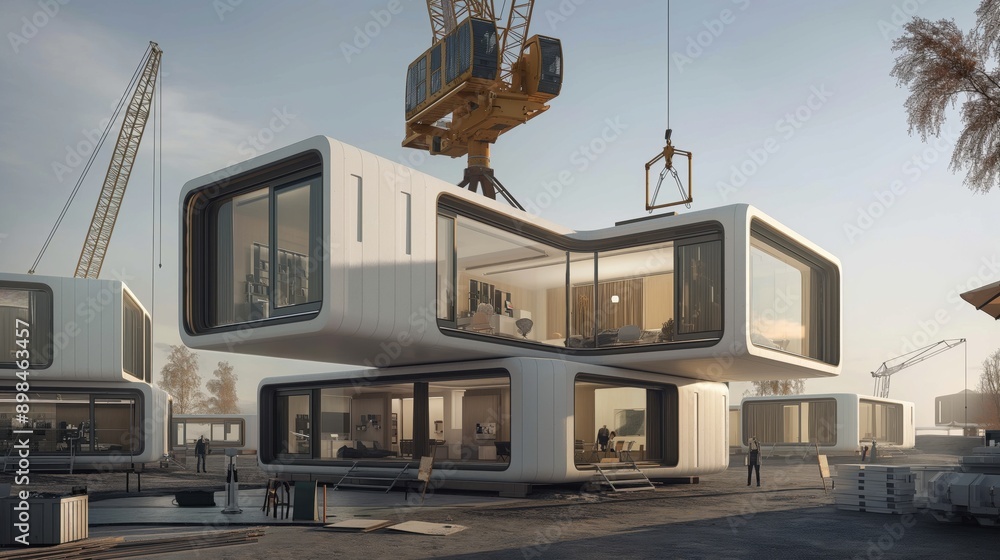 Modern construction site with modular, prefabricated buildings being ...