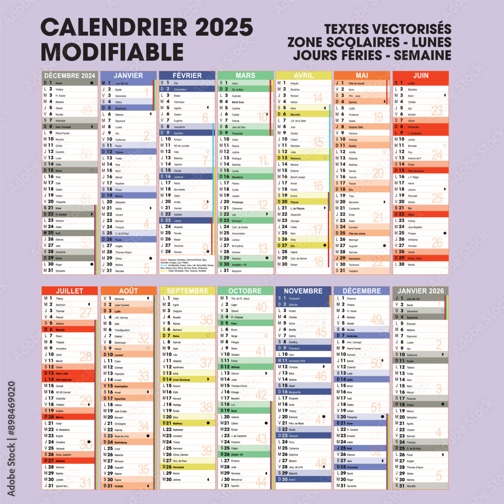 Calendrier français 2025 avec vacances scolaires, semaines, lunes ...