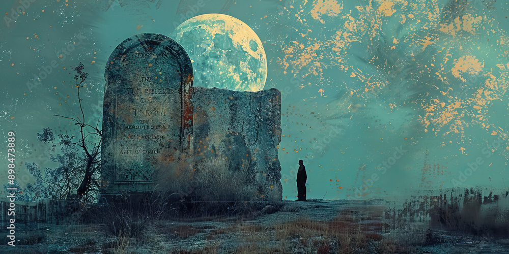 Ominous Chill of the Night: A lone figure stands by a weathered tomb ...