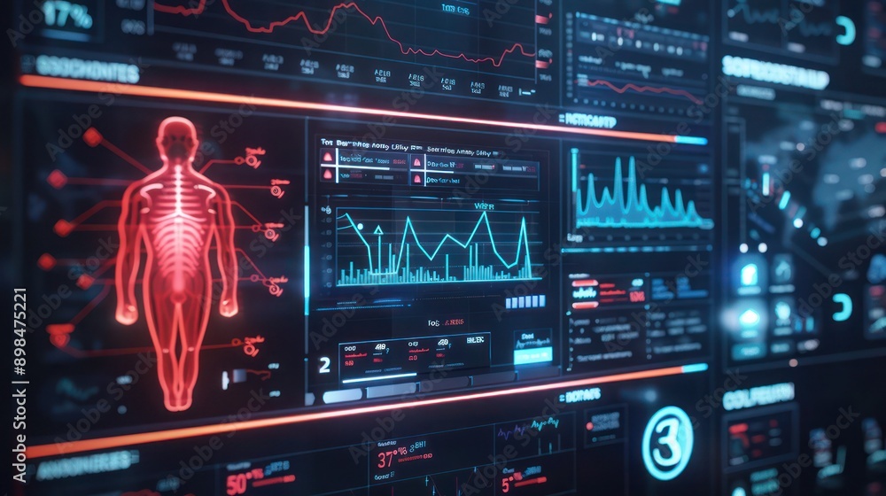 Healthcare data analytics dashboard showing vital signs and patient ...