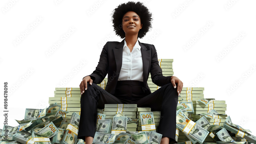 Rich Black business woman boss wearing black suit sitting on pile of Us dollar bills with more ...