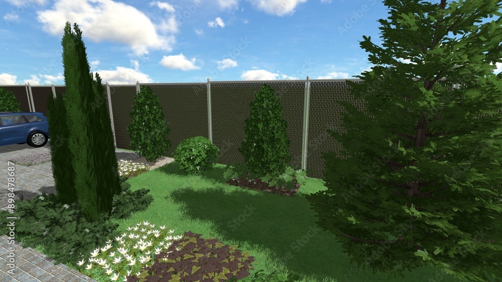 3d image of the landscape design of the home territory. Landscaping of ...