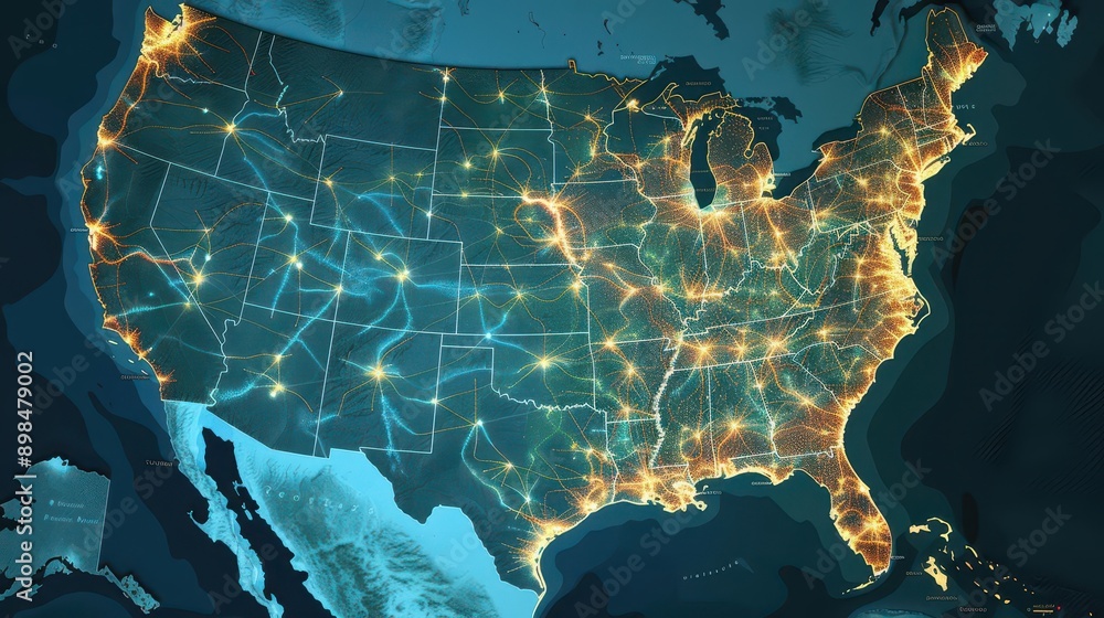 Digital map of the USA highlighting areas with the highest internet ...
