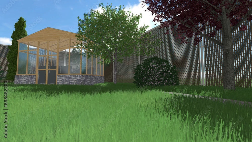 3d image of the landscape design of the home territory. Landscaping of ...