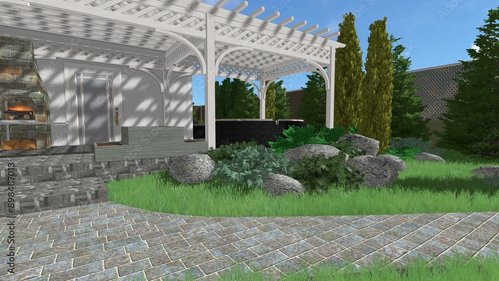 3d image of the landscape design of the home territory. Landscaping of ...