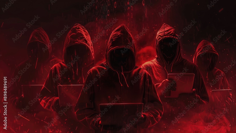Anonymous Hacker Group Working On Laptop In Dark Room With Red Hoodies ...