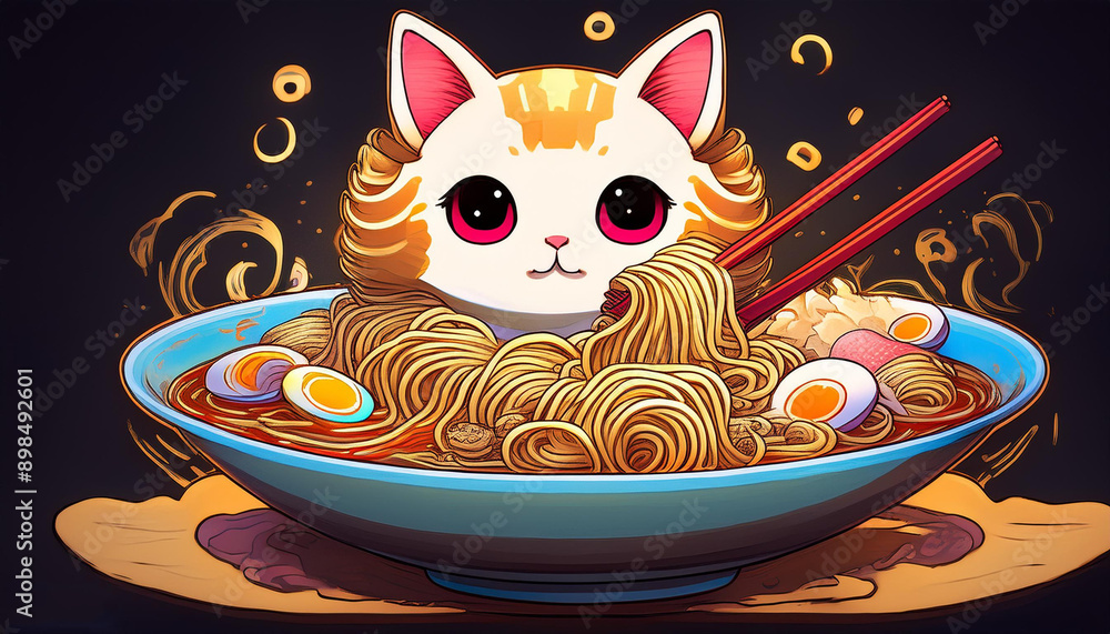 Ramen in the shape of a chic anime cat and noodles spreading out from ...