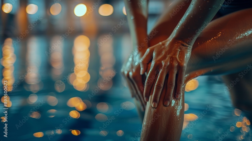 Sports injuries, knee pain, and pool area for fitness, training, and ...