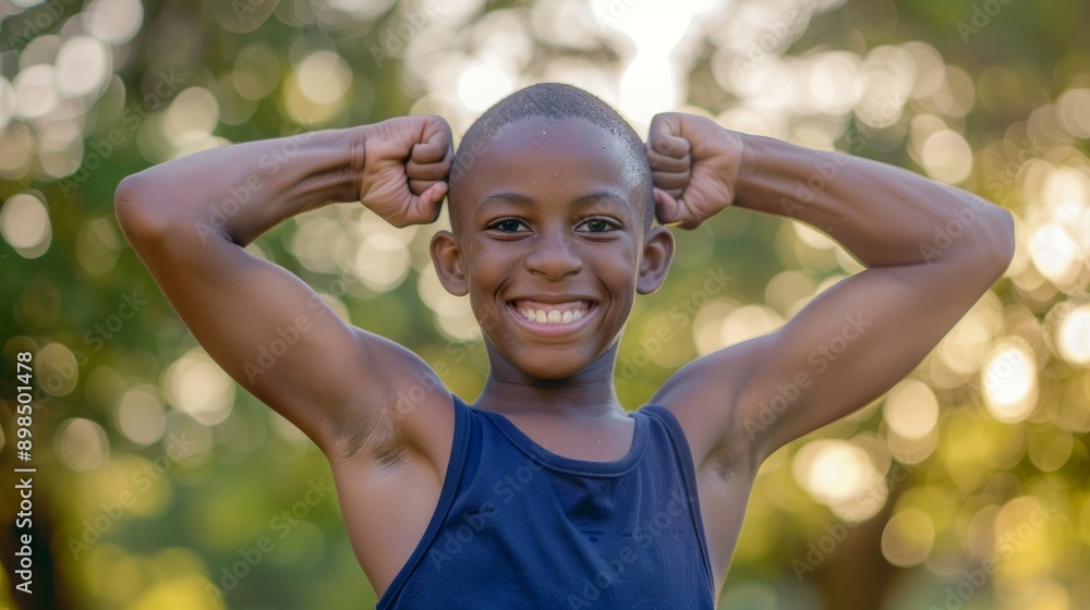 Sports, fitness, and a handsome boy displaying his biceps outside ...