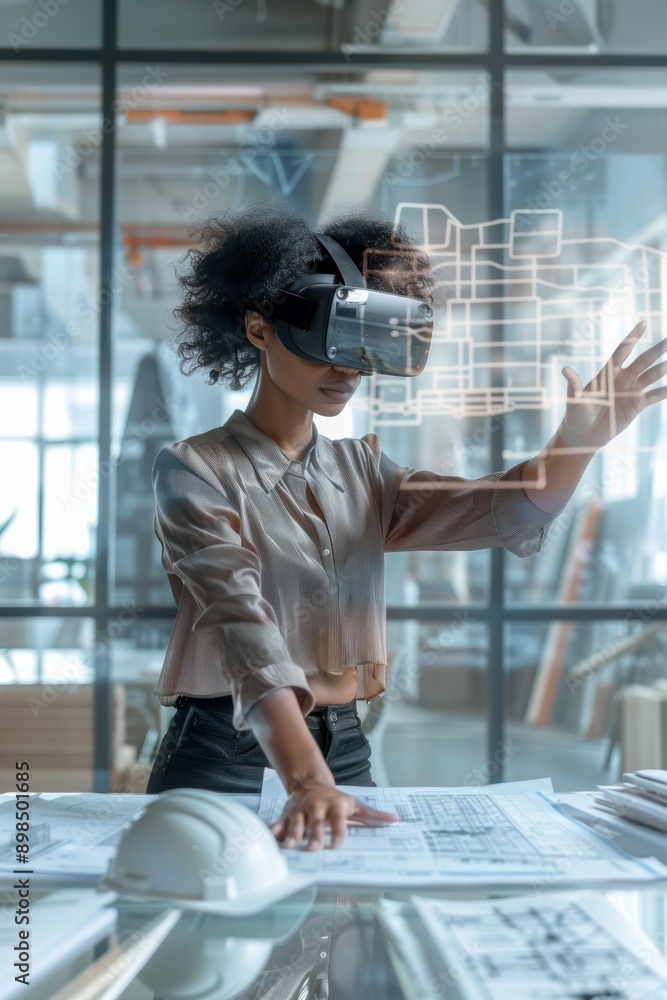 VR, construction, woman, blueprint in planning, UI/UX for project ...
