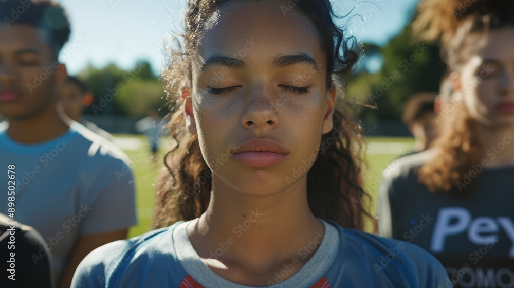 Woman cheerleader, team face and prayer group, relax community and ...