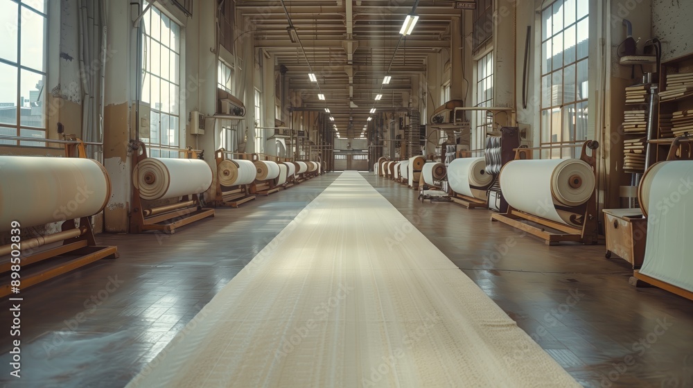 Interior view of a modern textile factory production line with rows of ...