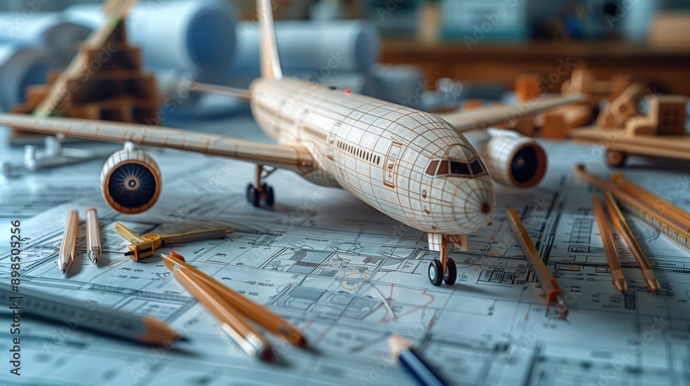 Wooden Model of Aircraft on Blueprints. Wooden model of an aircraft ...