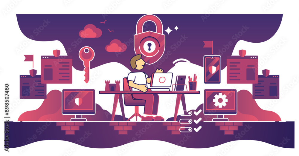 Endpoint security to protect user from hacker web attacks outline concept, transparent ...