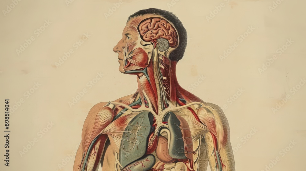 A detailed medical illustration depicting the anatomy of the human body ...