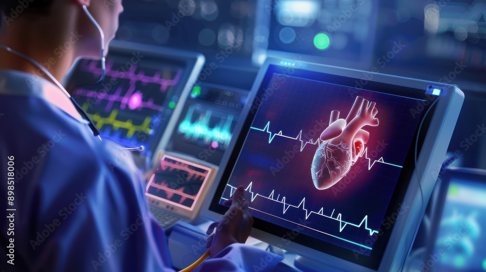 An ECG monitor displaying heart rhythms with electrodes attached to a ...