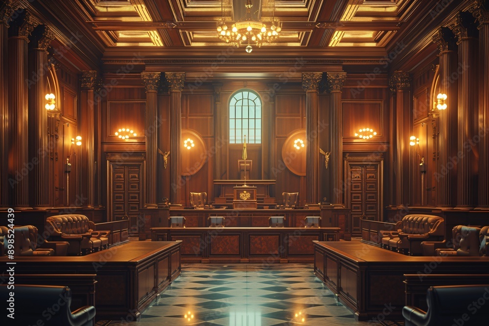 Luxurious courtroom with wooden paneling, ornate chandeliers, and a ...