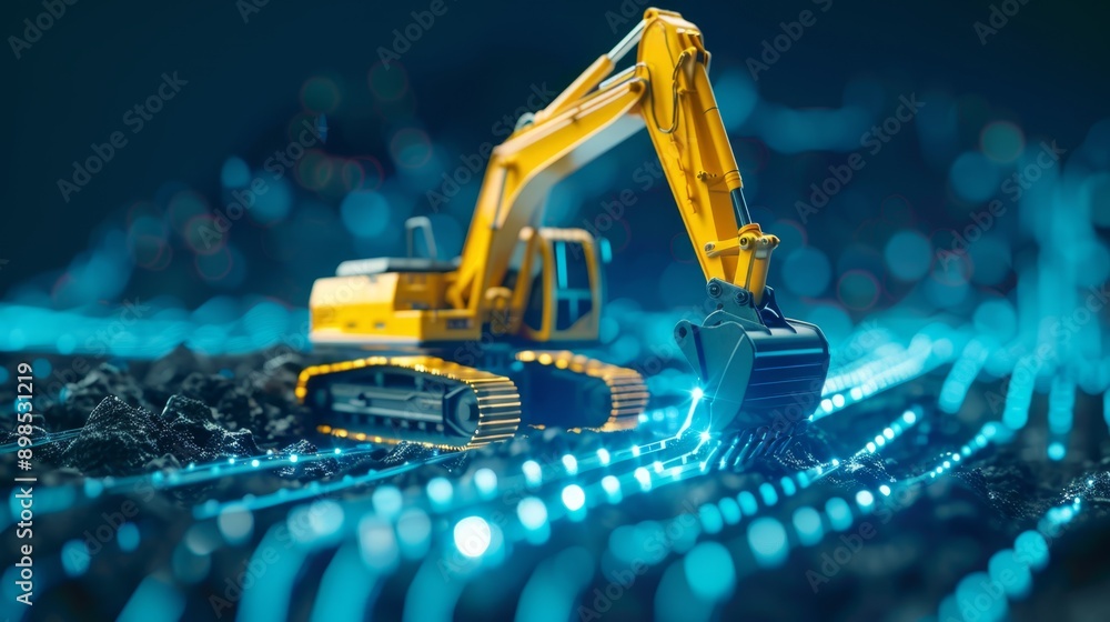 Future-Ready Excavator: Illuminated by Neon Lights, Digging Fiber Optic ...