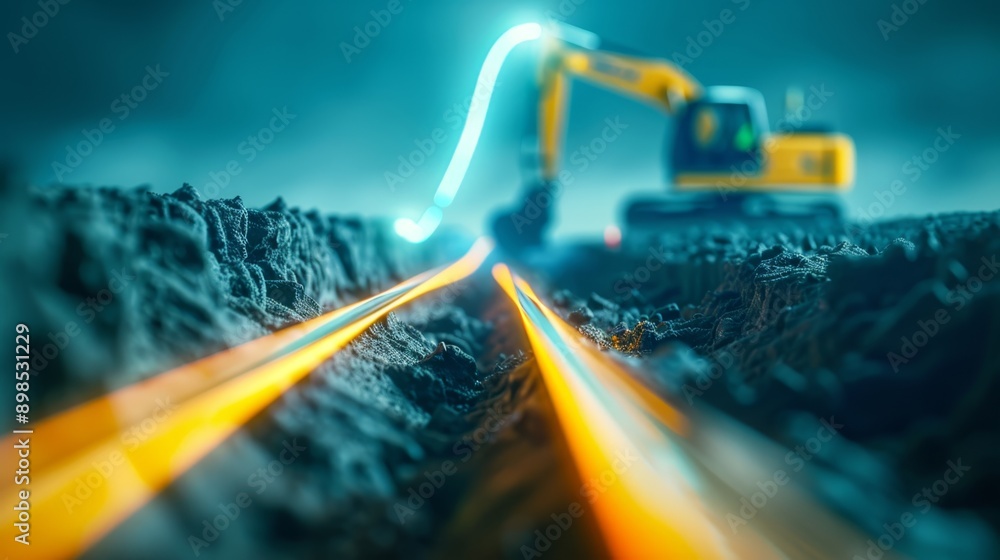 Futuristic Nighttime Industrial Construction: Fiber Optic Cable ...