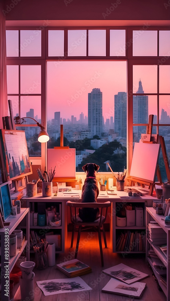 a lo-fi pixel art scene of an artist's studio with large windows ...