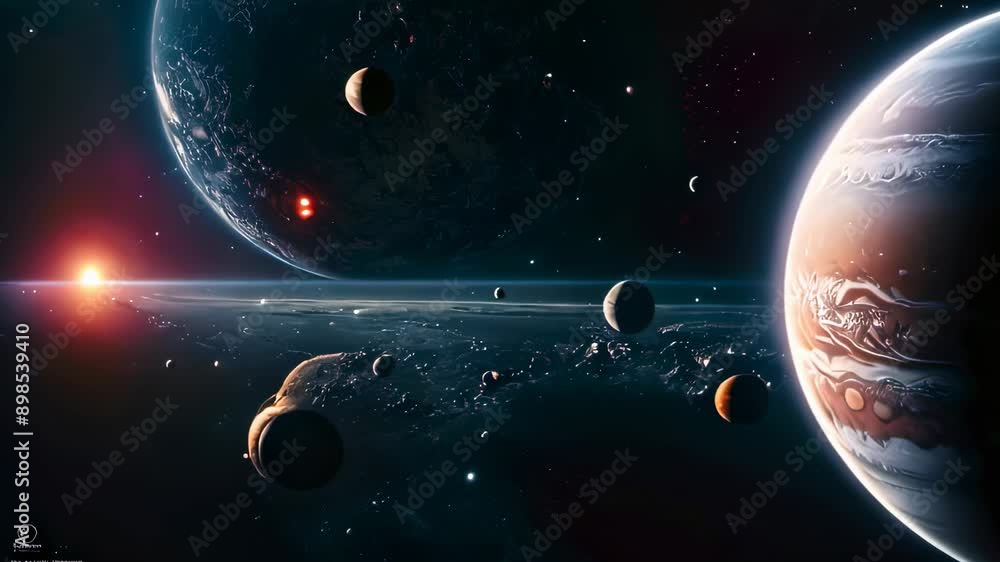 Video footage of space scene with various celestial bodies. There are ...