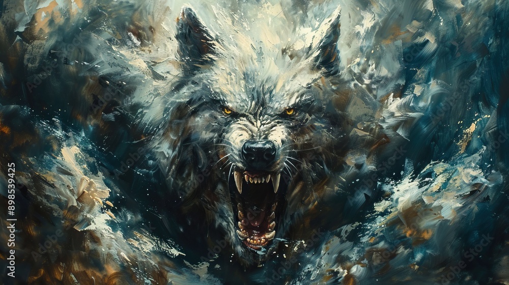 An intense depiction of a fierce wolf roaring amidst a powerful ...