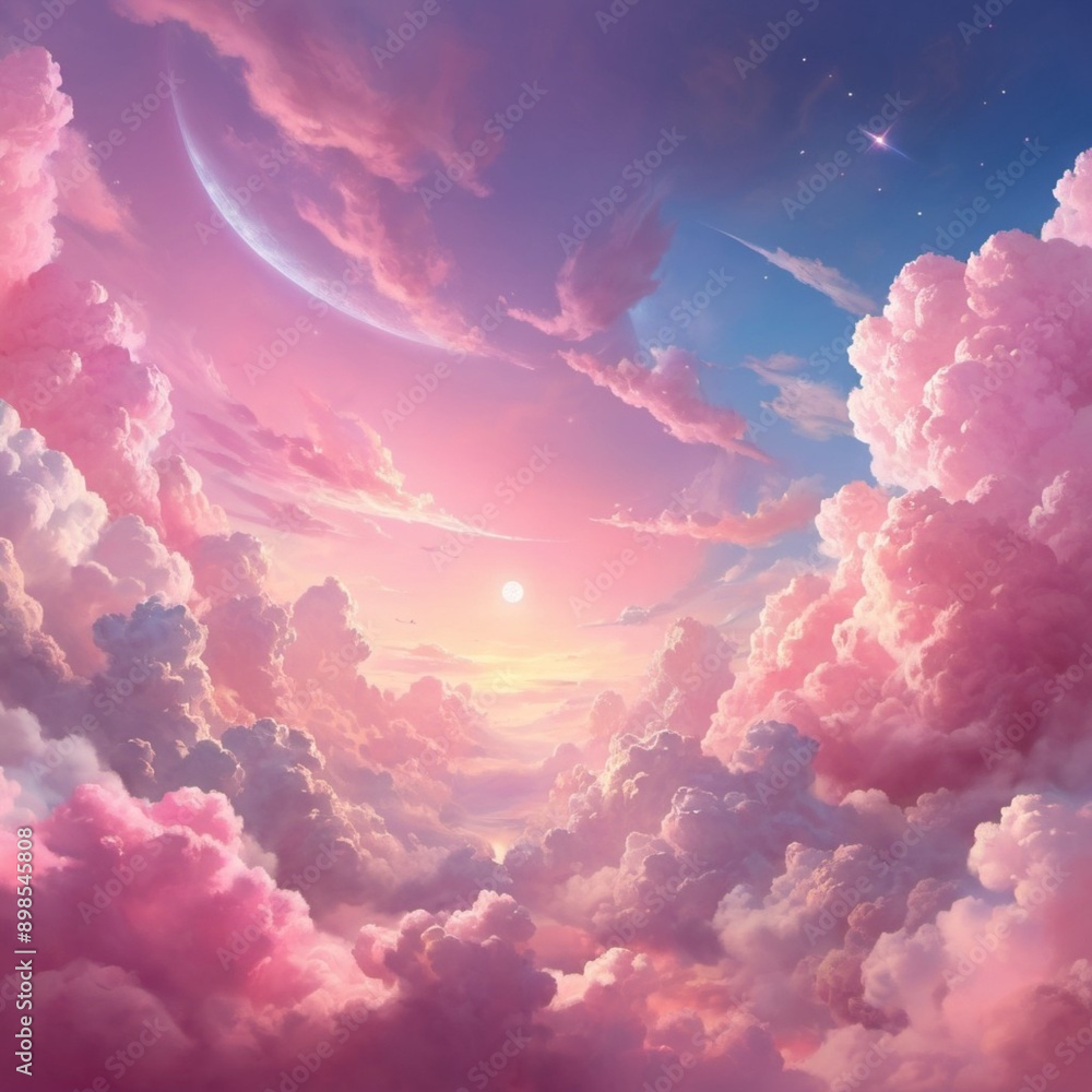 Beautiful pink fluffy clouds in vibrant sunset sky. Visual display ...