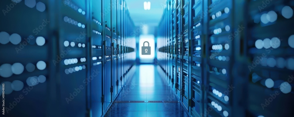 Secure server room with racks of servers and a padlock icon ...