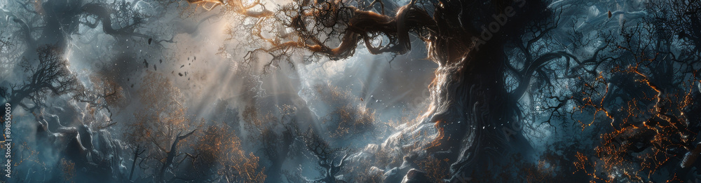 A magical forest scene with sunlight illuminating twisted branches ...