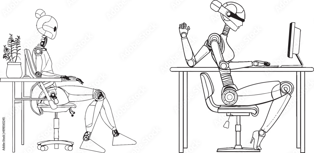 Single line drawing of a robot sitting in a work chair with hands on ...