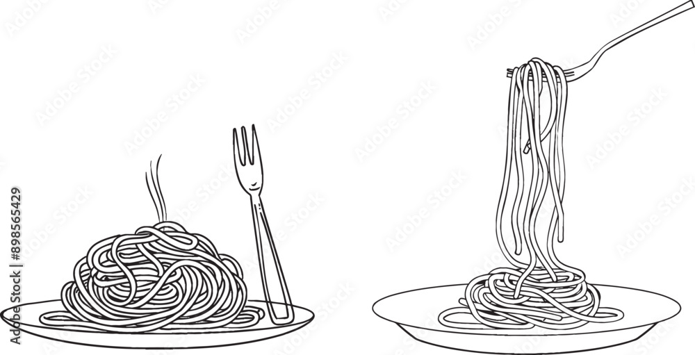 Single line illustration of pasta spaghetti noodles with forks isolated ...