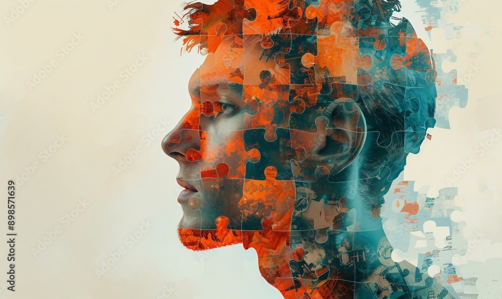 Artistic representation of a male profile combining puzzle pieces ...
