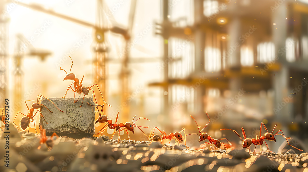 Macro photograph of a group of ants working together to carry a heavy ...