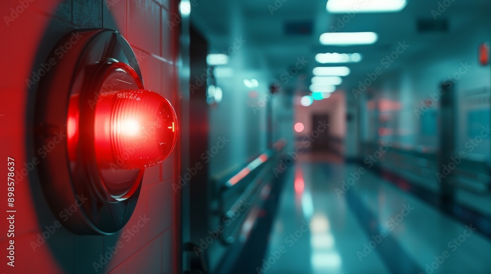 A red flashing alarm light in a hospital corridor. The light is a ...