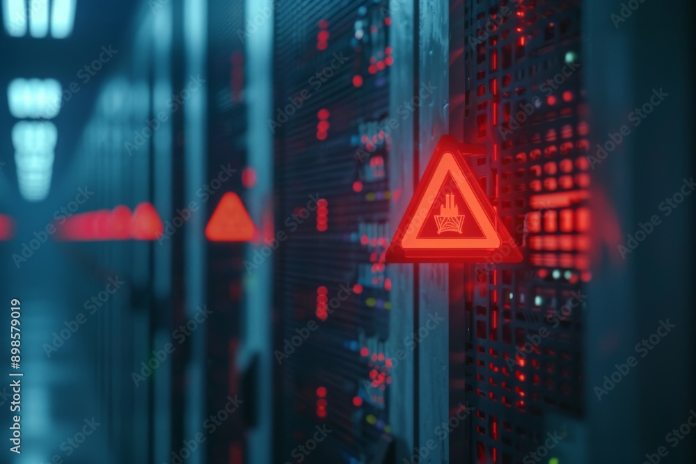 A red warning light flashes on a server rack in a data center ...