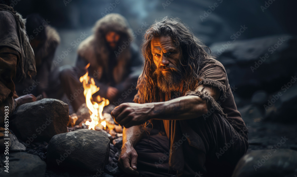 Making a fire in a cave, Neanderthal, primitive man, homo sapiens ...