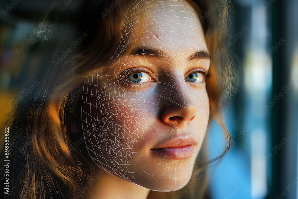 Portrait of young woman with wireframe overlay for deepfake technology ...