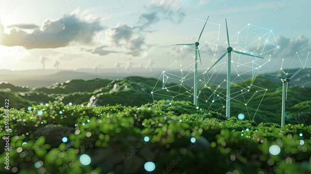 Abstract 3D wind farm with rotating turbines and green energy symbols ...