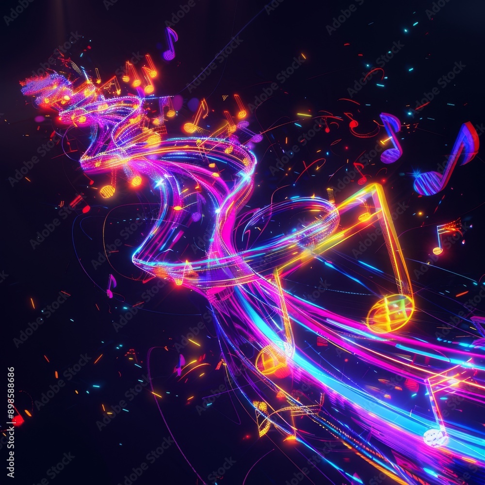 Abstract colorful music notes flowing through a sparkling, glowing ...