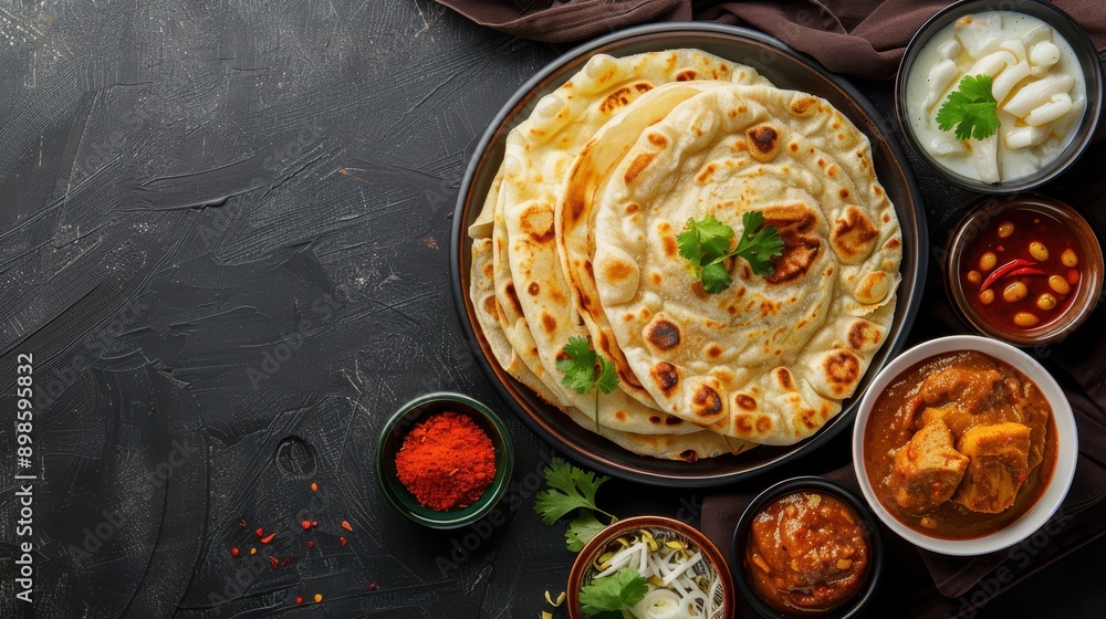 Roti canai Ready to serve with side dishes on transparent background ...