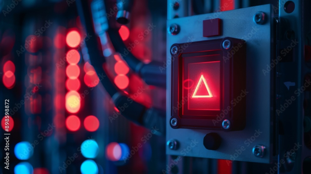 Close-up of a red emergency stop button with a warning sign in a server ...