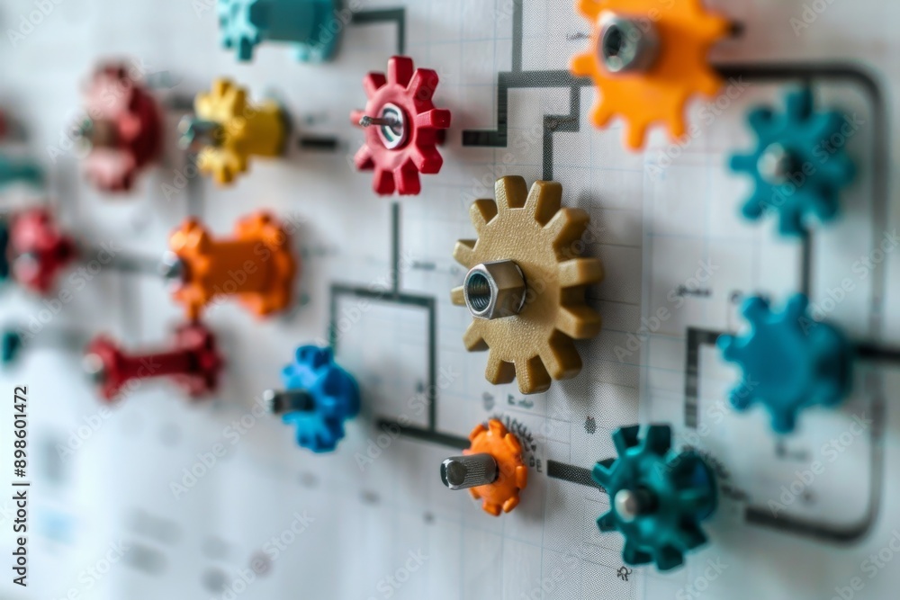 Colorful gears connected on a flowchart, symbolizing teamwork ...