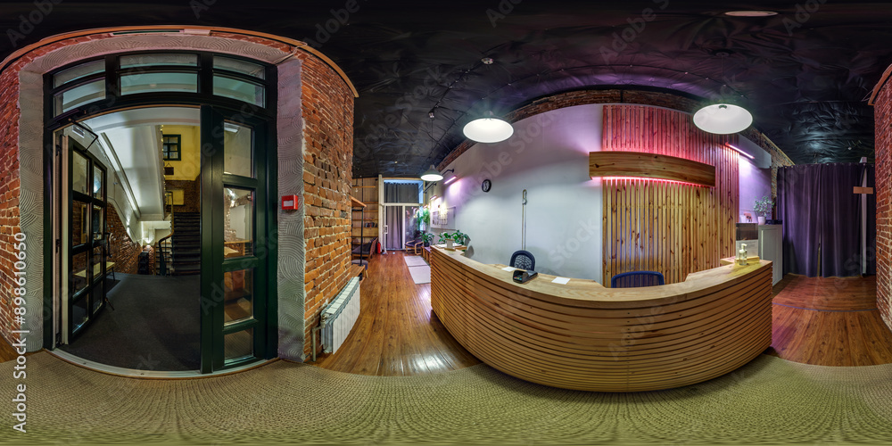 360 hdri panorama in loft reception near emergency and evacuation exit ...