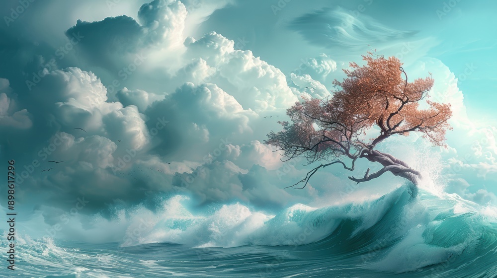 A digital painting showing a stormy sky with strong winds bending trees ...