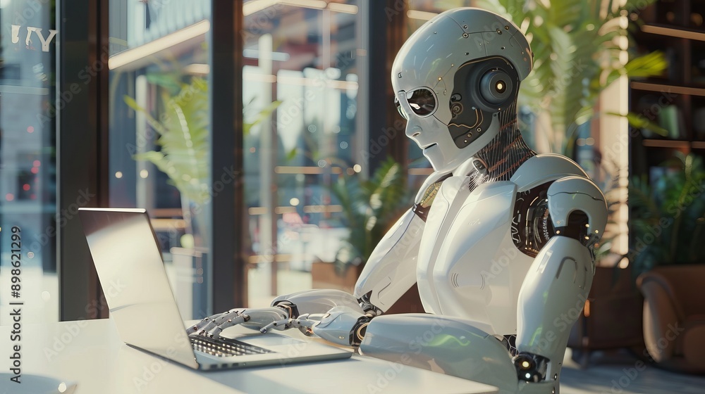 Robot humanoid use laptop and sit at table for big data analytic using ...