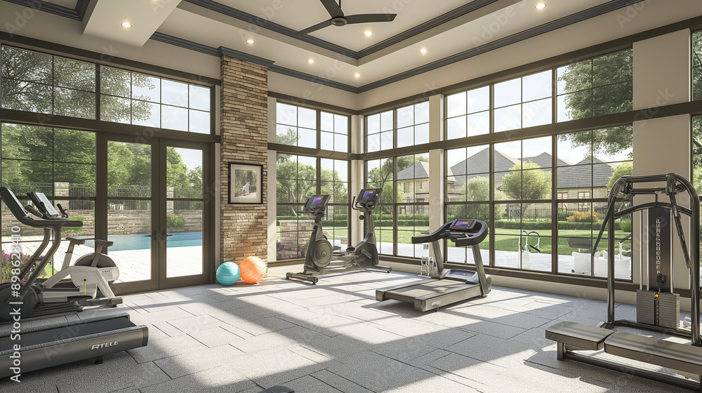 Home Gym with a View: A luxurious, modern home gym with large windows ...