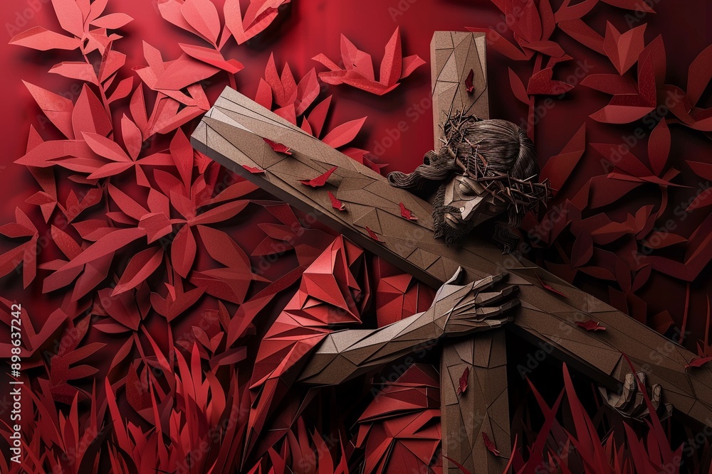 Jesus Christ carrying the cross with paper cut thorns and a path on a ...