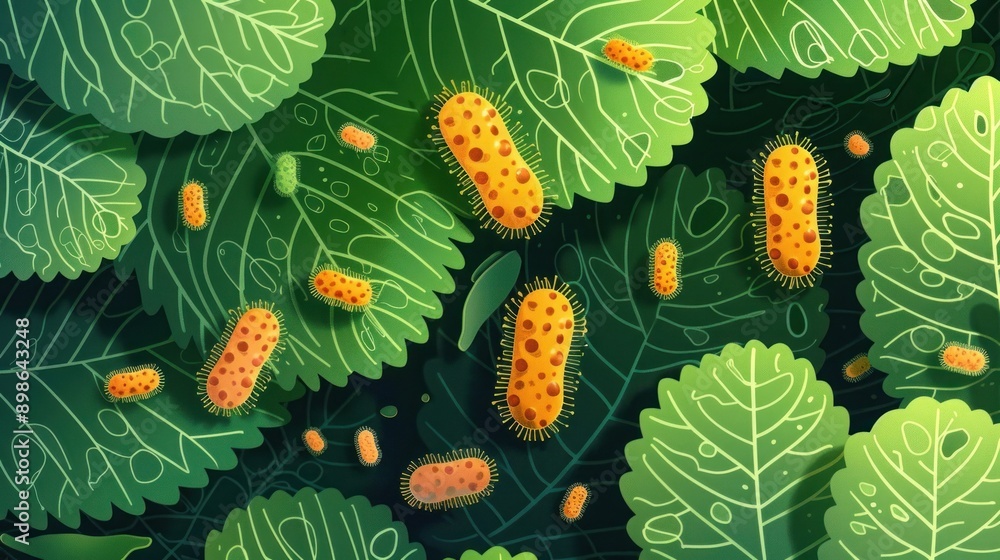 Illustrative depiction of microorganisms among green leaves ...